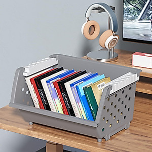 Wakikini Large Plastic Stackable Storage Baskets, Plastic Open Front Stacking Bins, Gray, 4 Packs