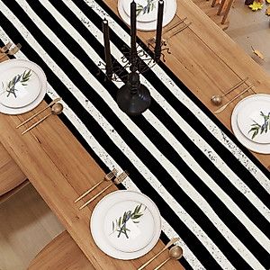 Linen Black and White Stripe Beetlejuice Halloween Table Runner 72 Inches Long Scary Halloween Birthday Party Decorations and Supplies for Home Kitchen Dining Room Table