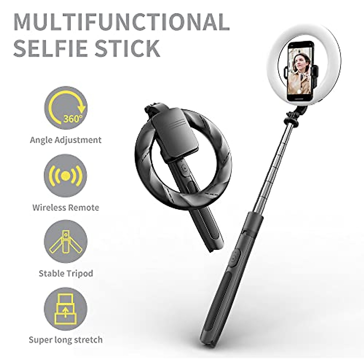 8" Selfie Ring Light with 66" Extendable Tripod Stand & Phone Holder, Portable Unplugged Dimmable LED Ringlight for Live Stream/Makeup/Tiktok/YouTube Video, Compatible with iPhone & Android