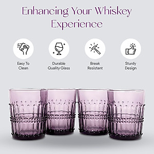 American Atelier Vintage Old Fashion Whiskey Glasses, 10 Oz, Romantic Water Tumblers, Barware Glasses for Scotch, Bourbon, or Cocktails, Embossed Purple Beaded Glasses-Set of 4