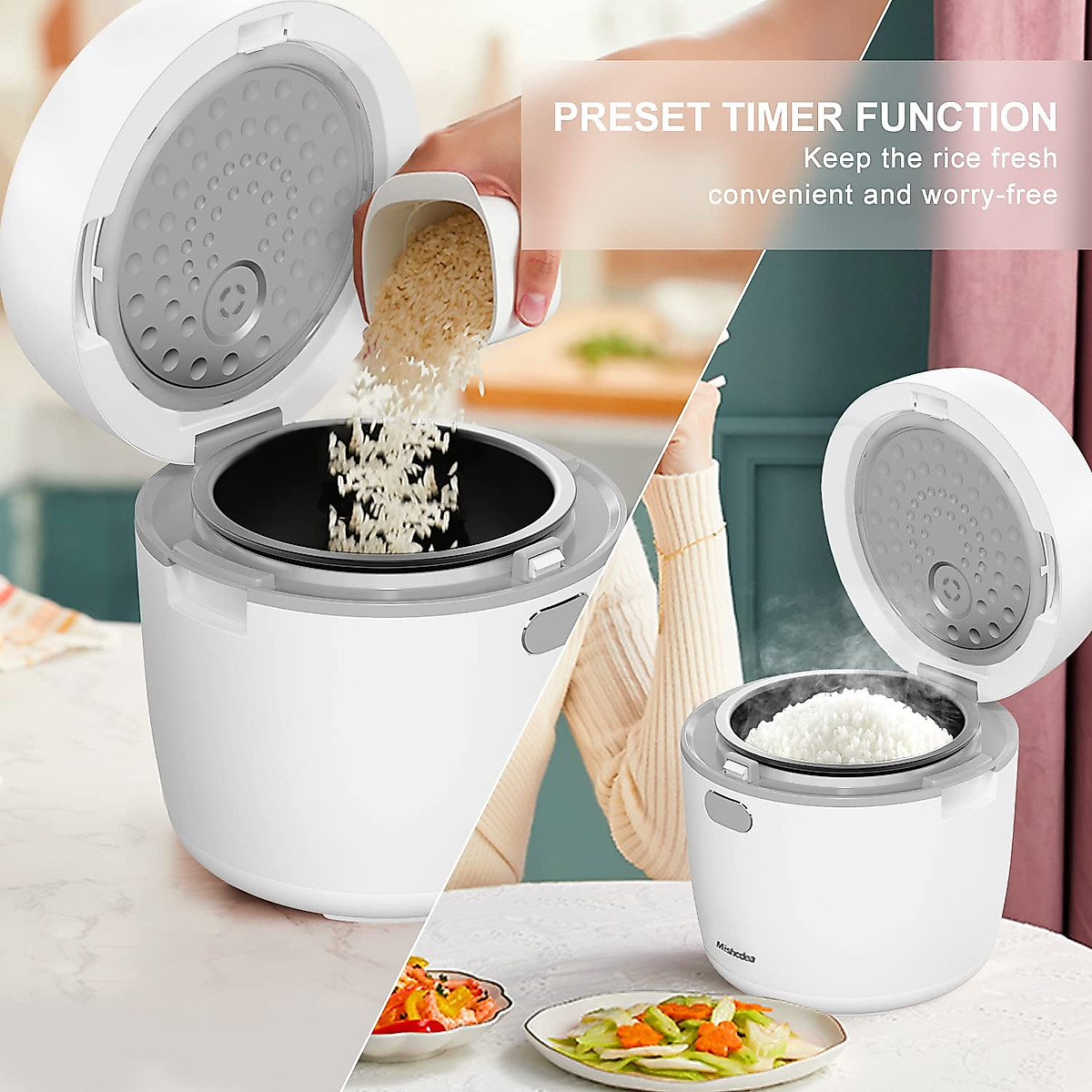 Mishcdea Small Rice Cooker 3-Cup Uncooked, Mini Rice Cooker Ceramic Nonstick for 1-2 People, Multi Menus with Smart Touch Screen, Timer & Warmer, for Quinoa, Oats and Grains, White