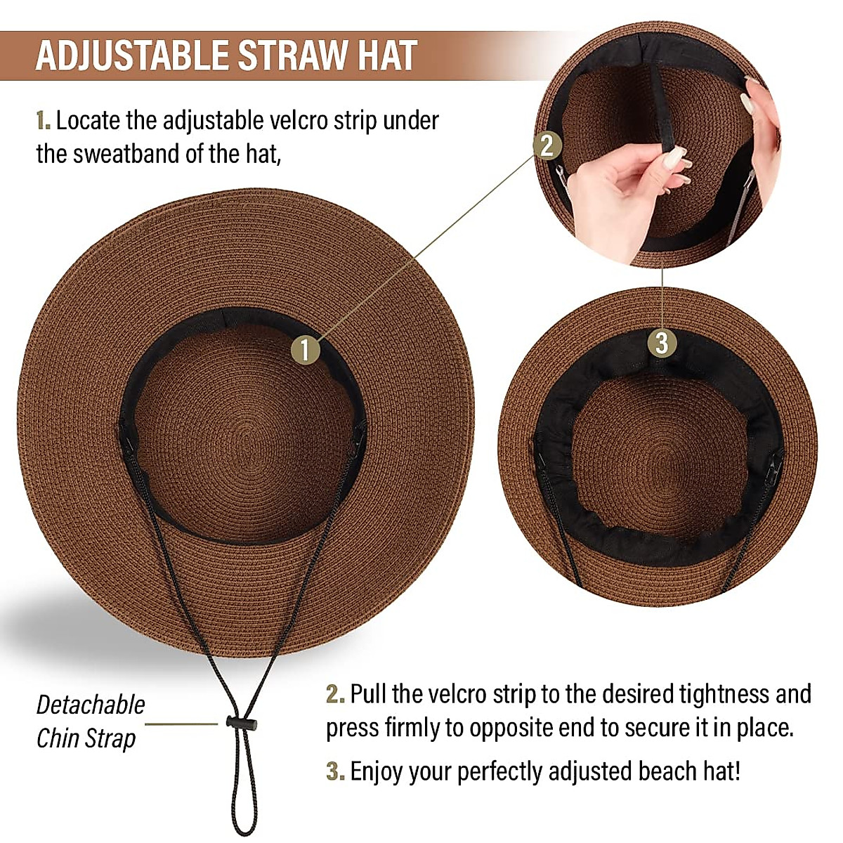 Funcredible Brown Summer Fedora Hat for Women - Wide Brim Straw Beach Hat with Bow and Heart Shape Glasses - UPF 50+ Packable Panama Hat for Women
