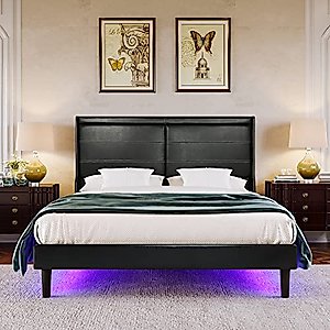 Arisaniasion Queen Size Bed Frame with LED Light Square Stitched Adjustable Headboard Strong Bed, Remote Control Control LED Lights, No Box Spring Needed, Noise Free, Easy Assembly (Black)
