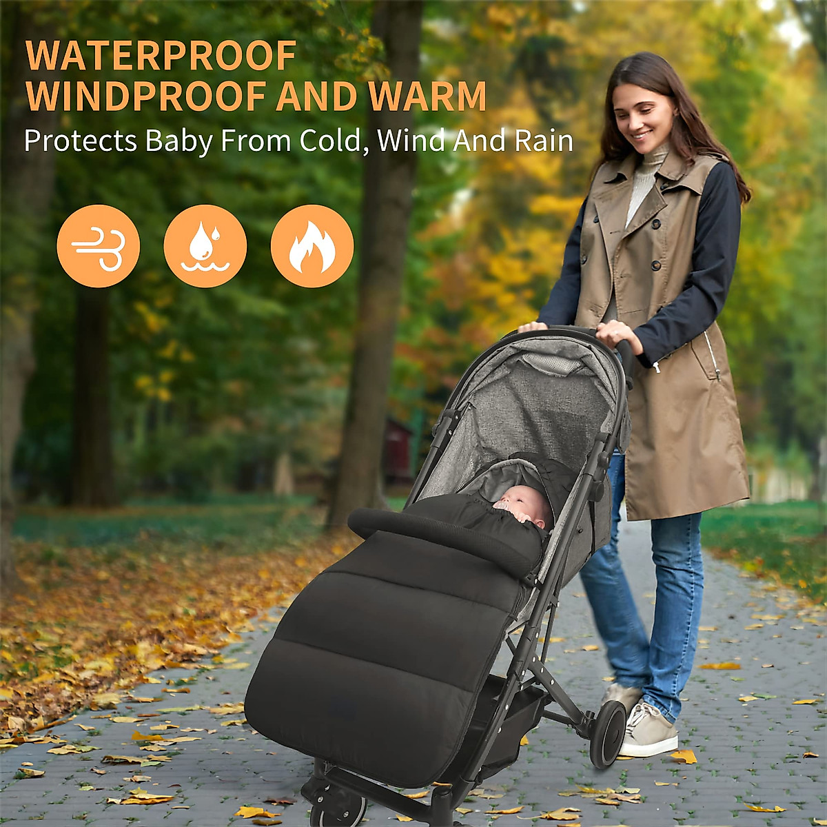 Stroller Bunting Bag for Baby, Infant Bunting Bag Winter Baby Sleeping Bag for Stroller Footmuff Waterproof, Warm Bunting Bag Toddler Sleeping Bag, Outdoor Universal Baby Bunting Bag, Black