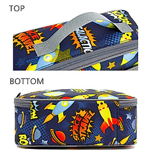 FlowFly Kids Lunch box Insulated Soft Bag Mini Cooler Back to School Thermal Meal Tote Kit for Girls, Boys, Outer Space Rocket Ships in Dark Navy Blue