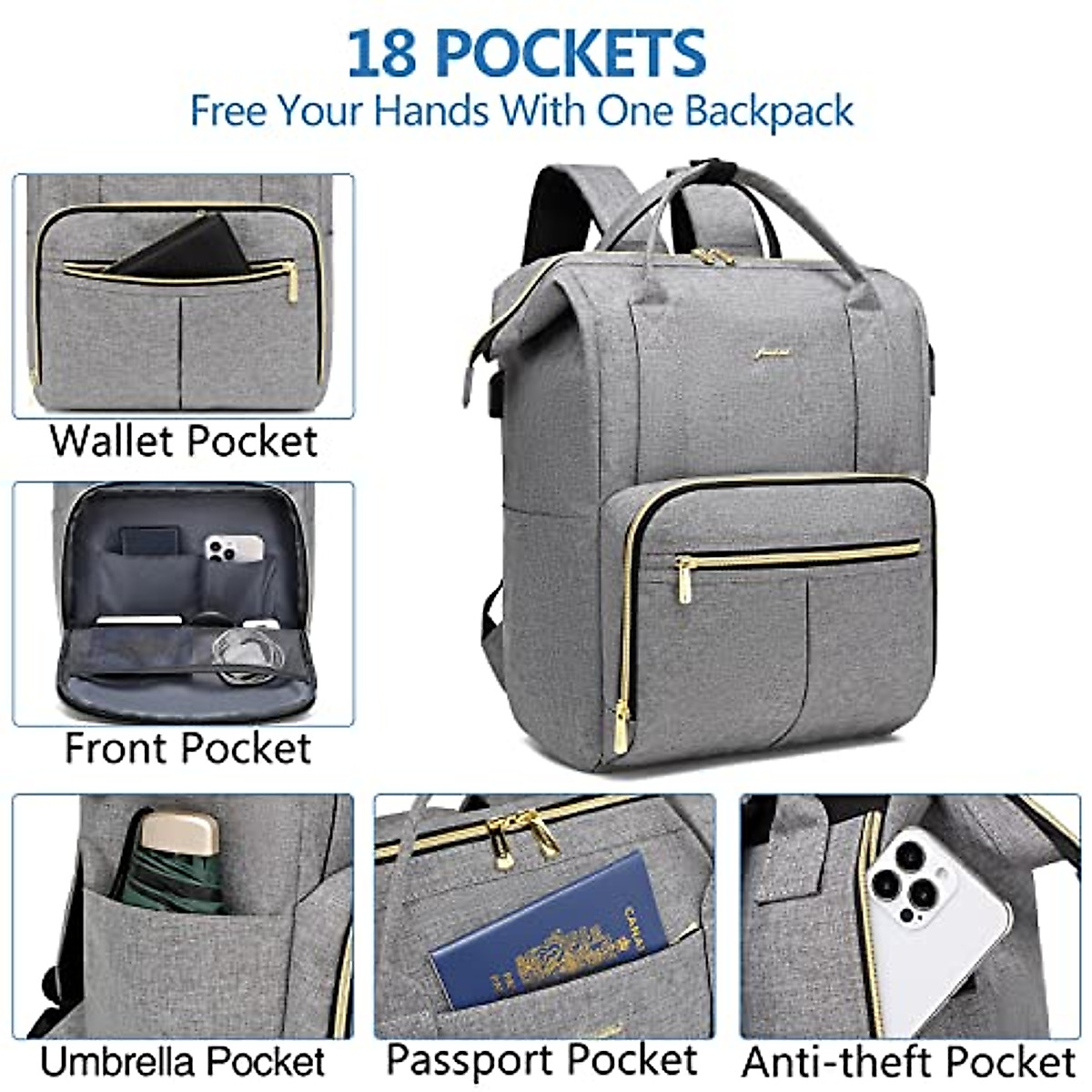 Focdod Laptop Backpack for Women Travel Backpack Nurse Bags for Work 15.6 Inch Computer Daypack Waterproof Backpack with USB Charger for College Teacher Business