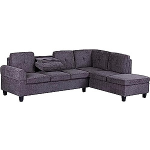 EMKK Modern Sectional Sofa Set Left Right Chaise Lounge & Storage Ottoman Upholstered Corner L Shaped Sofá Living Room Couch w/Cup Holder, Arm Nail for Home/Office, Grey Leftchaise