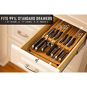 In-Drawer Bamboo Knife Block Holds 12 Knives (Not Included) Without Pointing Up PLUS a Slot for your Knife Sharpener! Noble home & chef Knife Organizer Made from Quality Moso Bamboo
