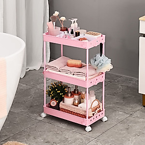 KINGRACK 3 Tier Rolling Utility Storage Cart with Adjustable Dividers, Multi-Purpose Storage Cart, Craft Art Cart Trolley Organizer, Slide Out Cart for Bedroom Bathroom Laundry Kid's Room, Pink