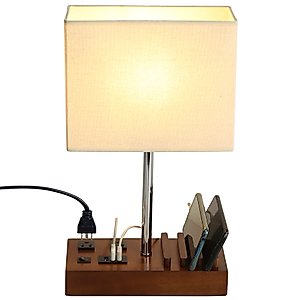 Briever USB Table Lamp, Multi-Functional Bedside Desk Lamp with 2 AC Outlets, 3 USB Charging Ports and Wooden Phone Stands, Modern Nightstand Lamp for Bedroom, Guest Room, Office