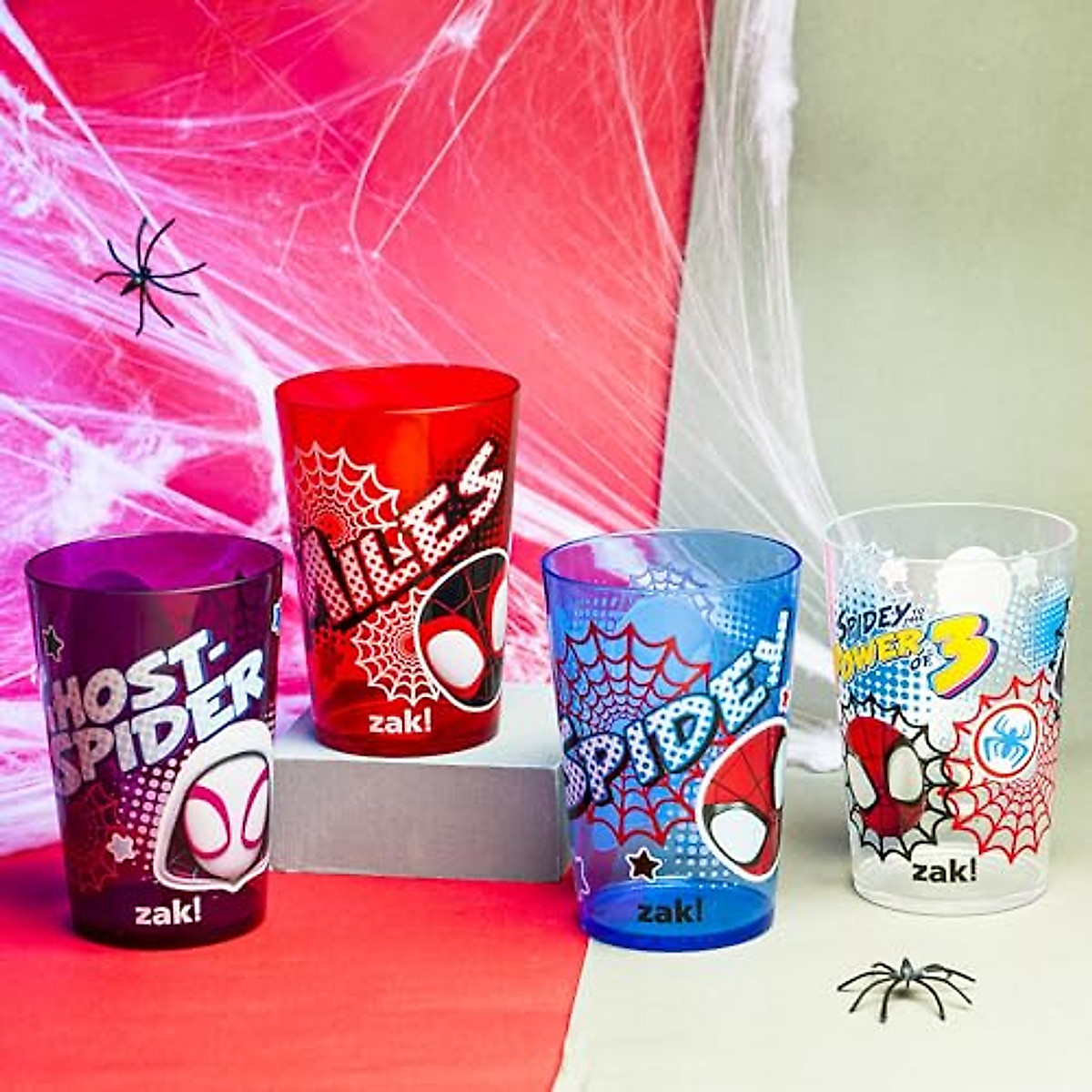 Zak Designs Marvel Spider-Man Nesting Tumbler Set for At Home, 14.5oz Non-BPA Plastic Cups, 4-Pack (Spidey and His Amazing Friends)