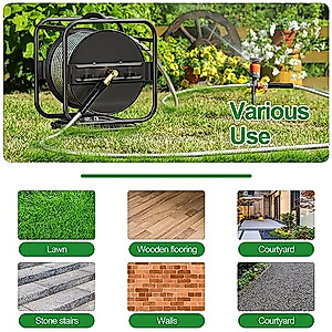 SPECILITE Heavy Duty Metal Garden Hose Reel With 100 Ft 304 Stainless Steel & 9-Pattern Metal Nozzle, 360° Rotation Frame,Wall Mount/Floor Hose Reel,