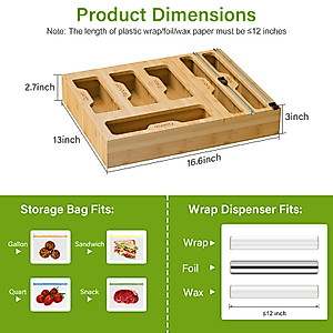 4 Slots Bag Organizer and 2 Foil Plastic Wrap Cutter Dispenser Separated, Bamboo Bag Storage Organizers for Kitchen Drawer, Baggie Organizer for for Gallon, Quart Sandwich & Snack Bags