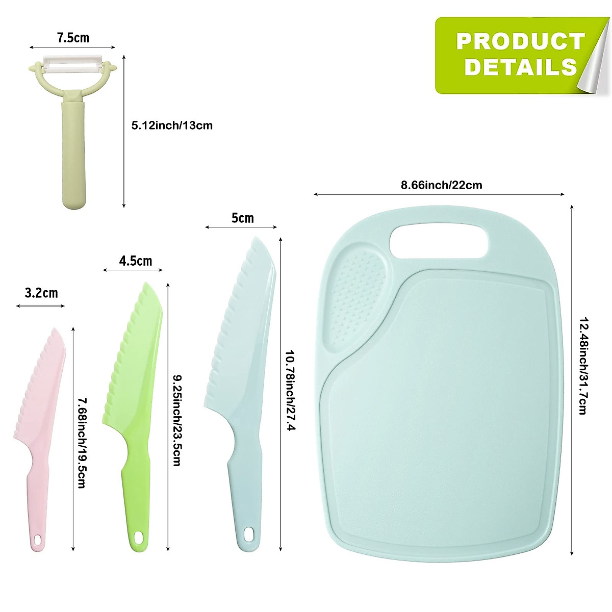 FACATH 5 Pcs Kids Knifes Set, Kitchen Knife and Cutting Board Set, Children's Cooking Knives in 3 Sizes & Colors/Firm Grip, Serrated Edges, BPA-Free Kids' KnivesLettuce and Cutting Board Peeler