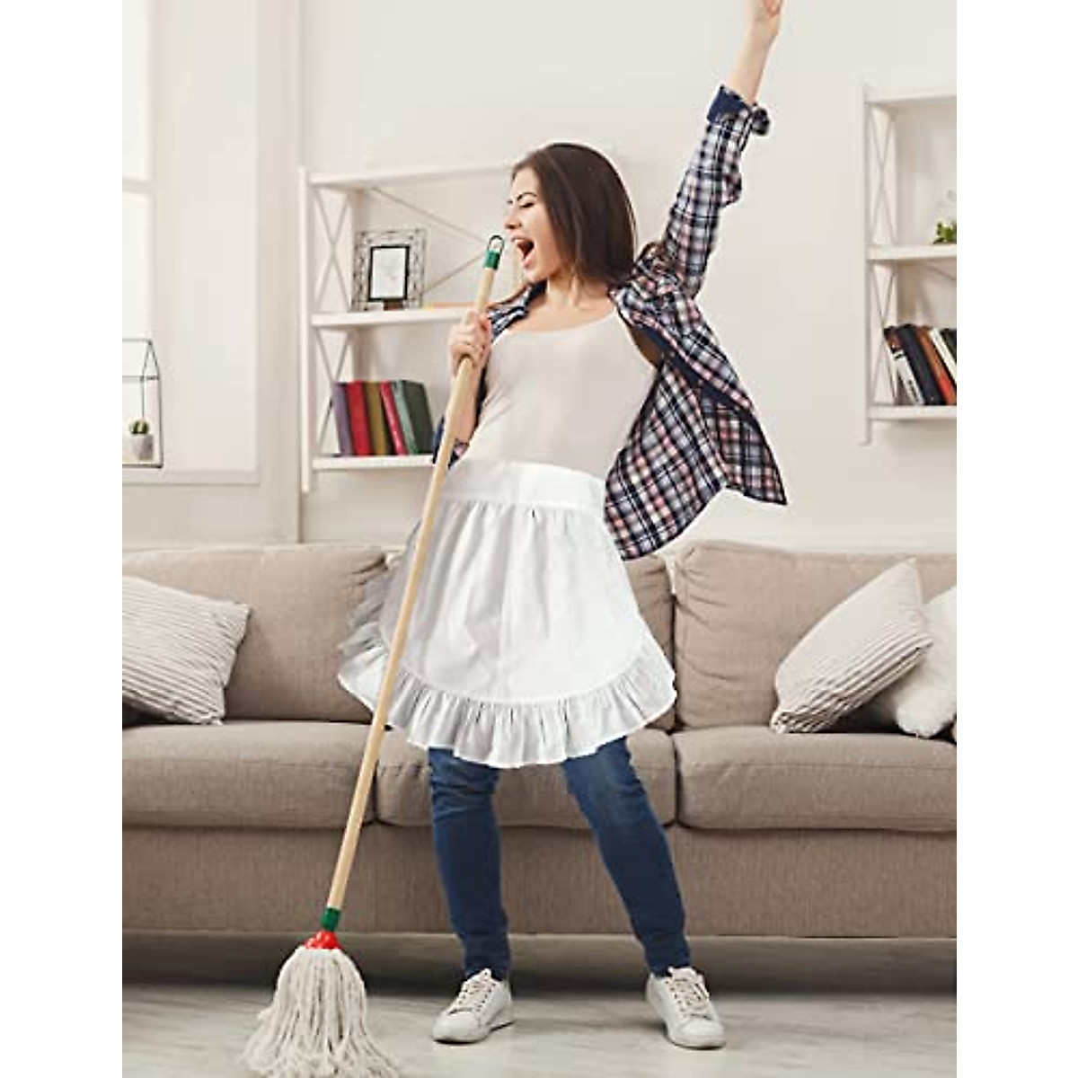 CRB Fashion Waist Apron Kitchen Cooking Restaurant 100% Cotton Bistro Half Aprons with Pockets For Girl Woman (White)