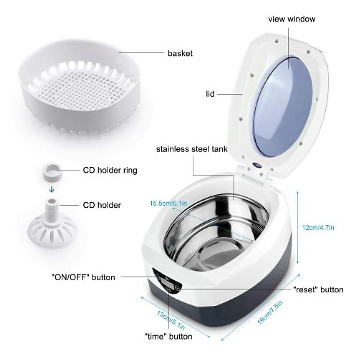 Ultrasonic Cleaner Low Noise Wash Machine for Cleaning Eyeglasses Jewelrys Watches Razors Dentures Combs Tools Instruments - 750 ml