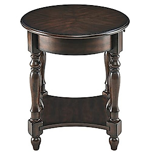 LEEMTORIG Solid Wood End Table with Drawer, Oval Round Bed Side Table, 2-Tier Nightstand with Pattern Desktop for Living Room Bedroom, Easy Assemble, Dark Walnut CJZ-2233-DC