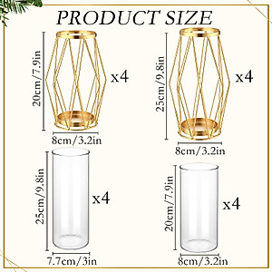 Lallisa 8 Pcs Gold Flower Vase Glass Vase Metal Geometric Vase Geometric Centerpiece with Glass Tall Geometric Candleholders for Candle Rose Table Wedding Living Room Decorations, 9.45 Inch, 7.87 Inch