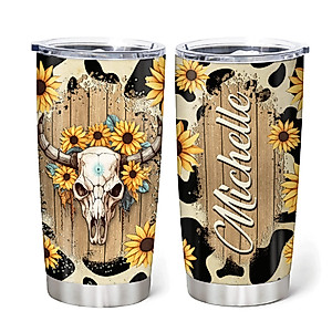 Hyturtle Personalized Gifts For Cow Lover - Skull Cow Sunflower Customized Name Stainless Steel Tumbler 20oz With Lid - Idea Farm Animals Lover Gifts For Women, Girl, kids On Birthday, Christmas
