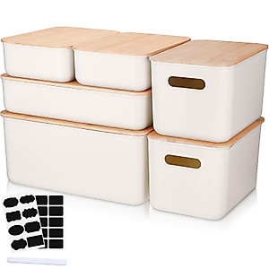 Suzile 6 packs Plastic Storage Bins with Bamboo Lids Stackable Storage Containers for Organizing, with Labels and Marker Document Paper Storage(Medium Large)