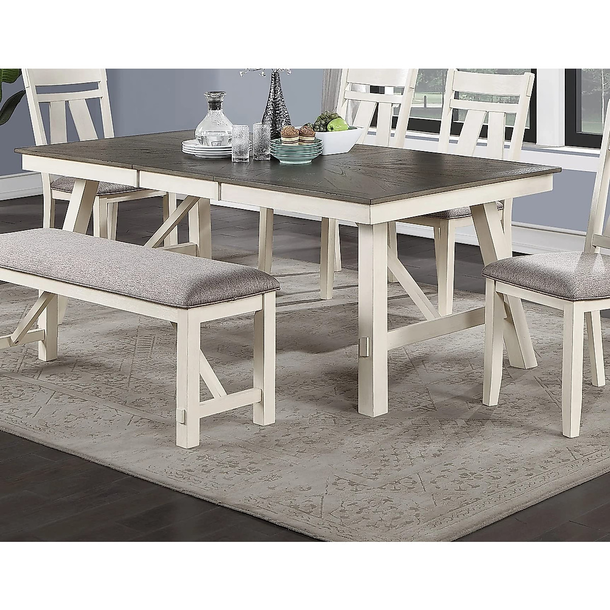 Dining Room Furniture 6pc Dining Set Table w Leaf and 4X Side Chairs 1x Bench Gray Fabric Cushion Seat White Clean Lines Wooden Table Top