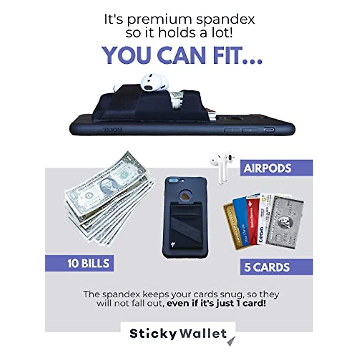 LIFESTYLE DESIGNS The StickyWallet – Premium Spandex Stick-on Phone Wallet Card Holder for any Case – Unique Double Pocket Design + Finger Strap (1 Pack)