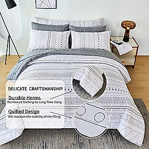 RYNGHIPY Boho Comforter Set Full Size: White Grey Geometric Bed in a Bag for Men Boys - All Season Comfoter with Sheets Pillowcases Soft Microfiber (White,Full Size)