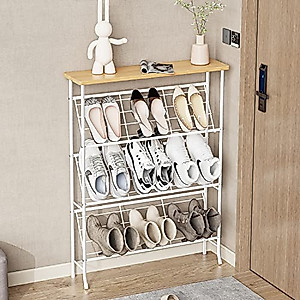 Shoe Rack Organizer, Sturdy 4 tier Narrow Shoe Storage Cabinet, Free Standing Shoe Racks with Wood Top, Space Saving Shoe Shelf, Large Shoe Rack for Entryway, Hallway, Garage(12-16 Pair)