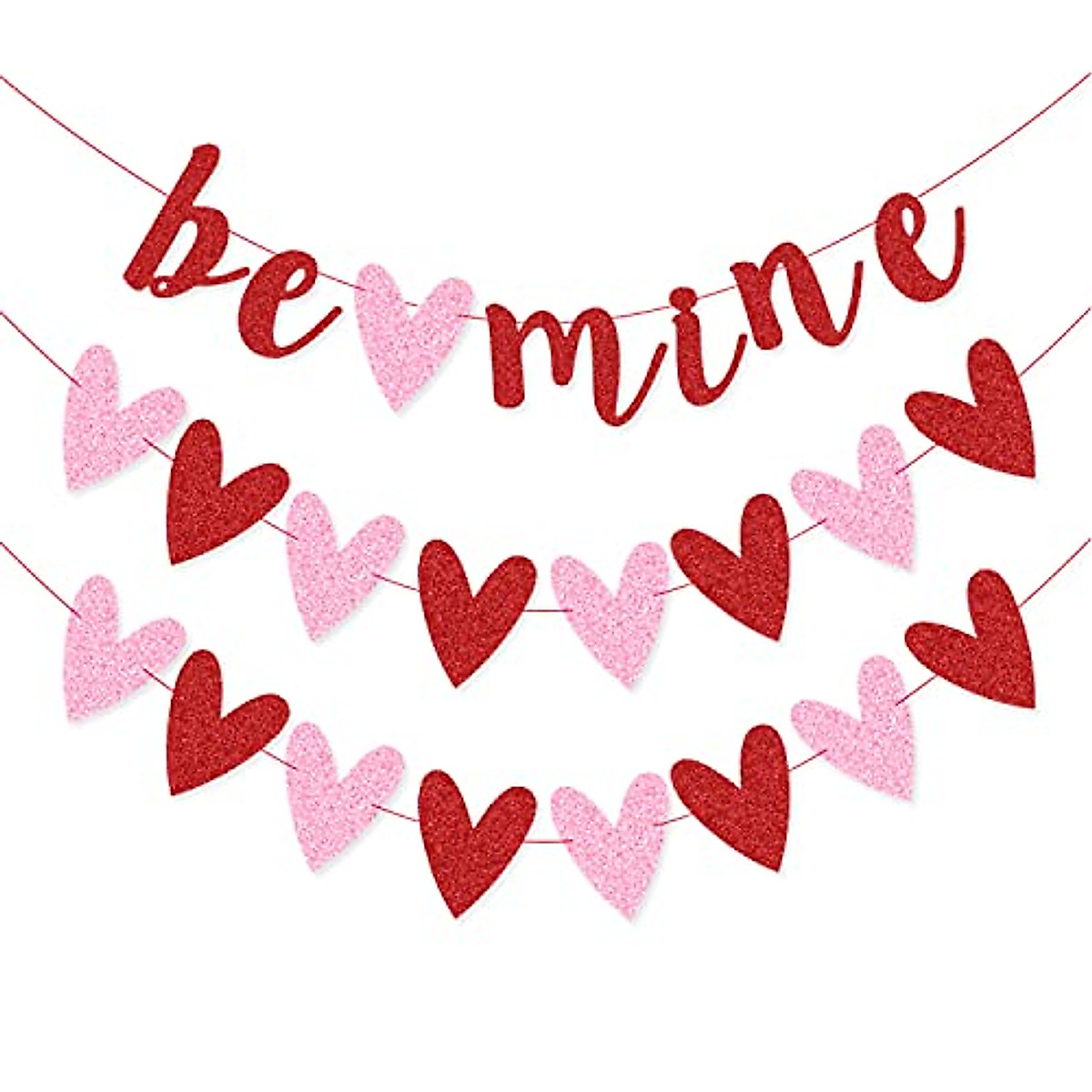 Valentine's Day Bunting Banners Red Glittery Be Mine Banner and Red Pink Glittery Heart Garland Banner No DIY Wedding Engagment Anniversary Bachelorette Party Home Decorations