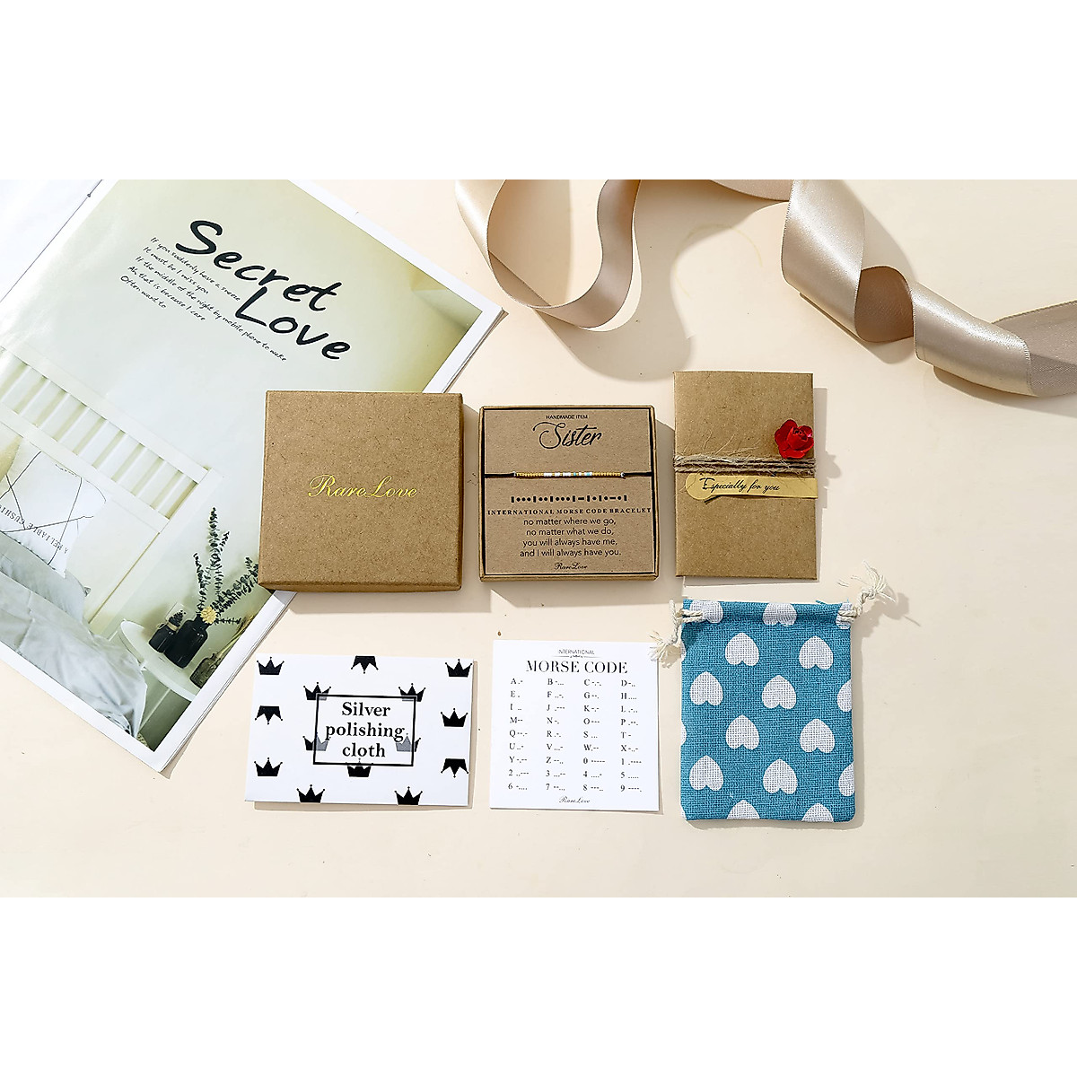 RareLove Sister Morse Code Beaded Bracelet Sister Birthday Gifts from Sister Long Distance Friendship Christmas Gifts Waterproof Gold Blue White Tiny Pony Seed Beads Black String