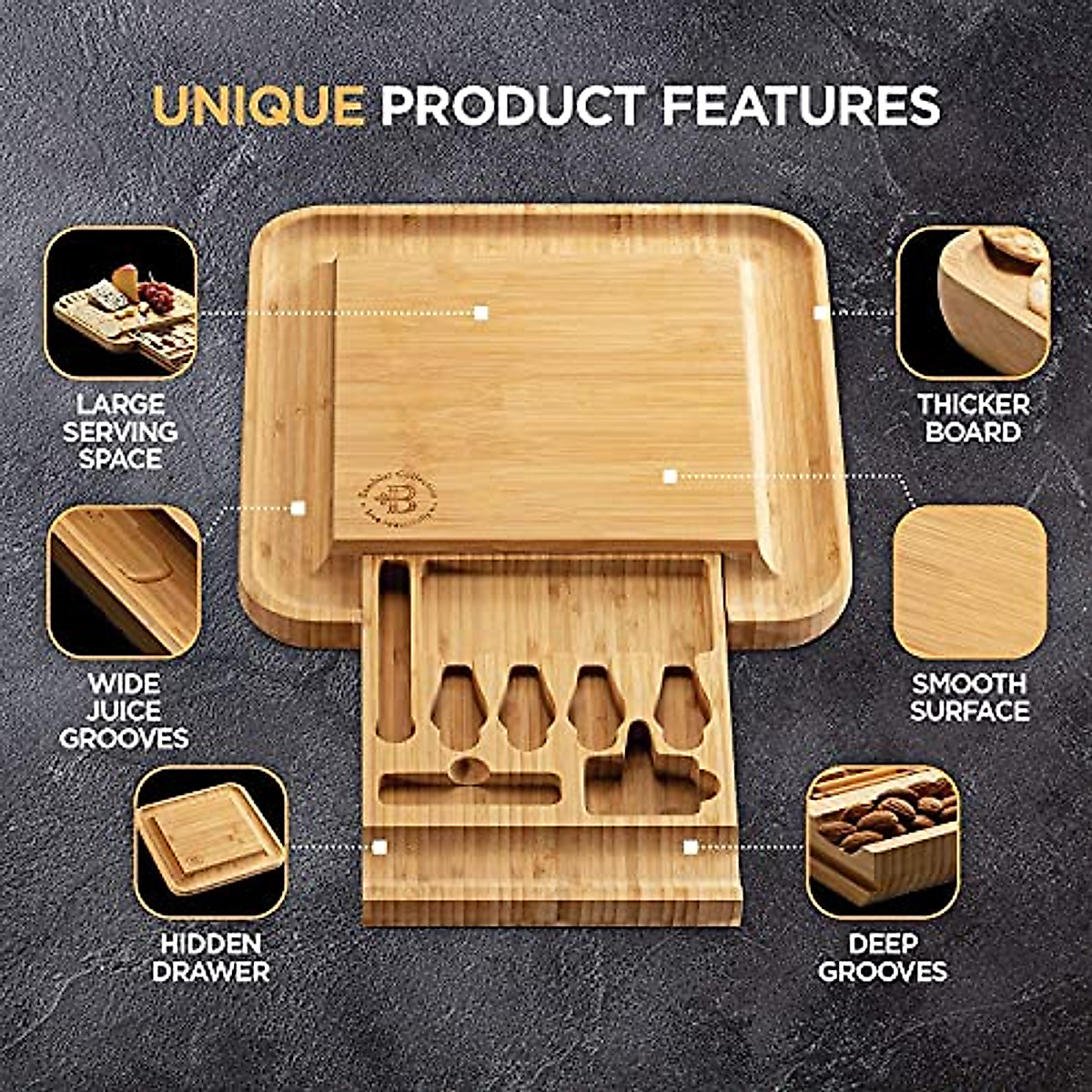 Cheese Board and Knife Set - Premium Quality Bamboo Charcuterie Platter for Slicing Cheese, Meat, Fruits, Vegetables - Hidden Drawer with 4 Stainless Steel Cutting and Serving Utensils - by Weegee