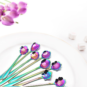 SelfTek 8Pcs Rainbow Flower Spoon Set, 2 Different Size Colorful Stainless Steel Reusable Teaspoons Coffee Sugar Stirring Spoon Dessert Cake Spoons Tea Scoops Table Spoon Mixing Spoon Ice Tea Spoon