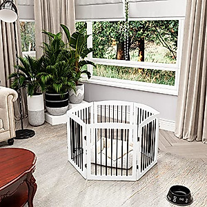 PUPETPO Freestanding Pet Gate for Dogs, Foldable Wooden Dog Gate for House, Extra Wide Dog gate, Indoor Dog Gate for Stair, Doorway, Hall, Support Feet Included, 120 Inch Wide, 6 Panels 24", White