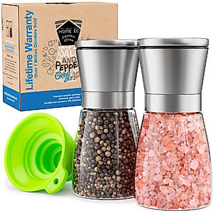 HOME EC Premium Stainless Steel Salt and Pepper Grinder Set of 2 - Adjustable Ceramic Sea Salt Grinder & Pepper Grinder - Glass Salt and Pepper Shakers - Pepper Mill & Salt Mill W/Funnel & EBook