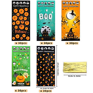 FXMHEHBB Halloween Cellophane Candy Bags, 150 Pcs Plastic Halloween Trick or Treat Bags Goodies Bags with Twist Ties for Snacks Cookies
