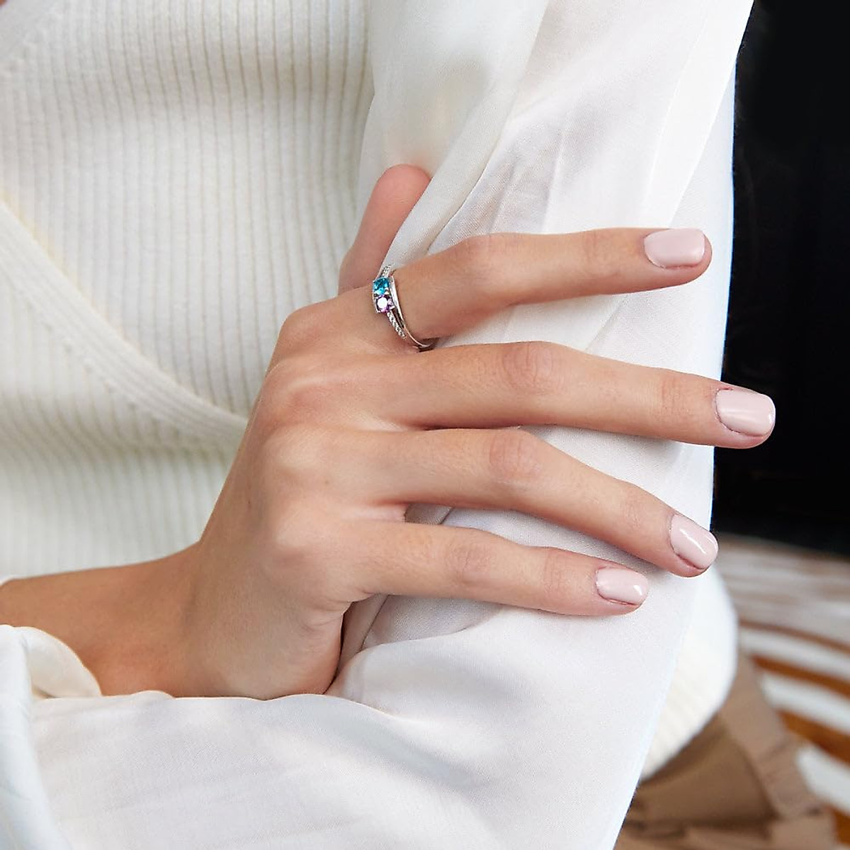 EVE'S ADDICTION Women's Personalized Sterling Silver Petite 2 Stone Simulated Birthstone Mother's Ring (ring size 6) Gift for Her for Her Family Ring - Gifts for Mom