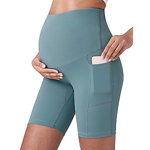 POSHDIVAH Women's Maternity Yoga Shorts Over The Belly Bump Workout Active Short Pants Light Green 8" Large