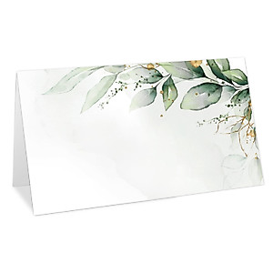 Whaline 100Pcs Greenery Place Card 2 x 3.5 Inch Watercolor Leaves Tented Card Green Foliage Table Name Sign For Party Banquet Reception Table Setting Supplies