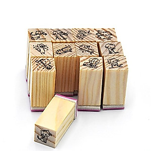 Youkwer 12 Pcs Mini Cute Wooden Rubber Stamps Set For Letters,Diary Craft,Scrapbooking in Matchbox（Vintage Lovely Cat）