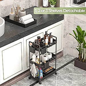 Mosxoed Slim Storage Cart Rolling Utility Cart with Wheels 4 Tier Mobile Bathroom Organizer Cart for Laundry Room Kitchen Office Narrow Space with Handle Hanging Cups Dividers, Black, 35" H