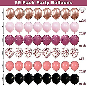 Pink and Black Balloons, 55PCS Rose Gold Hot Pink Black Party Balloons Set Metallic Rosegold Confetti Helium Balloons Dusty Rose Pink Black Latex Balloon for Girl Birthday Princess Wedding Decorations