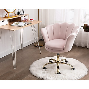 CIMOTA Desk Chair Velvet Cute Adjustable Vanity Chair Modern Home Office Chair Scalloped Task Chair with Wheels for Teens Adults Bedroom/Study/Make Up/Computer Room, Light Pink