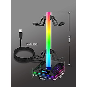 V VCOM RGB Gaming Headphones Stand with 2 USB Ports Headset Stand with 10 Light Modes and Non-Slip Rubber, Suitable for All Earphone Accessories, Best Gift for Husband, Kids, Boyfriend