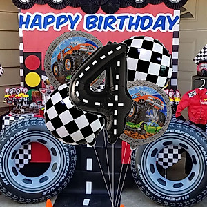 Monster Truck 4th Birthday Party Supplies | Monster Truck Balloon | Giant 40 inch Race Car Number 4 Balloon Monster Truck Balloons Black White Flags Balloons for 4th Birthday Party Decorations
