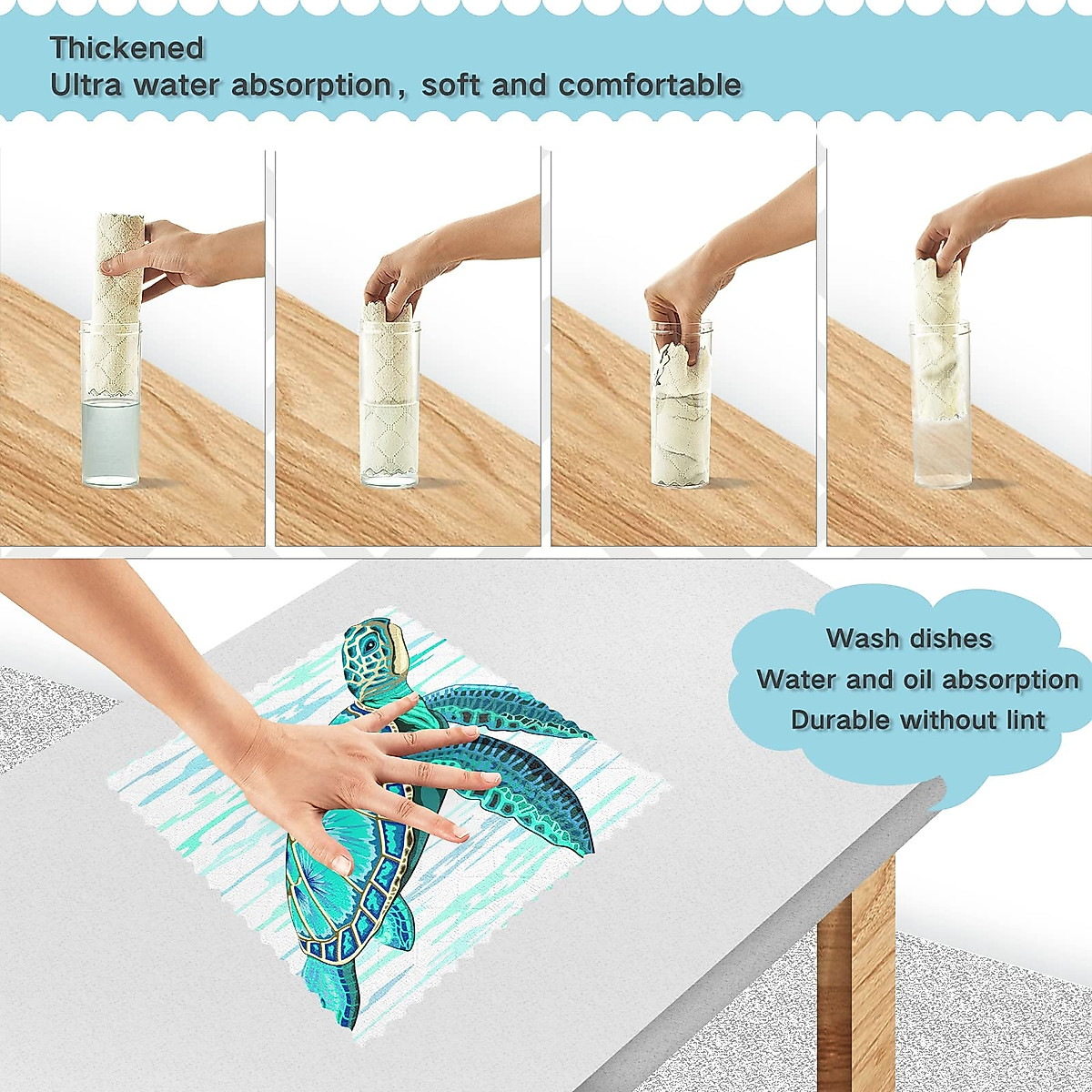 Sea Turtle Turquoise Teal Kitchen Dish Cloths Ocean Sea Life Marine Microfiber Cleaning Towels Absorbent Dishcloths Fast Drying Washcloths for Car Window Bathroom 11x11 inch Pack of 6