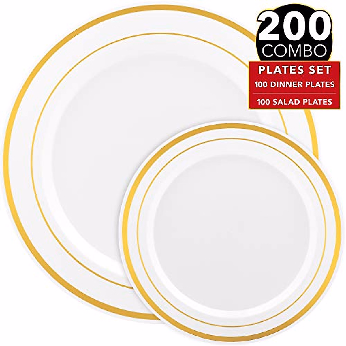 Prestee 200pc Gold Plastic Plates - 100 Dinner Plates & 100 Salad Plates, White + Gold-Rimmed Plastic Plates, Gold Plates Disposable Plastic Party Plates - Dessert, Appetizer, Holiday, Wedding Plates