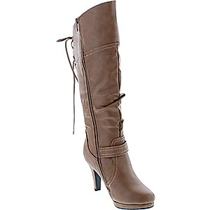 TOP Moda Womens Page-65 Knee High Round Toe Lace-Up Slouched High Heel Boots,Taupe,8.5
