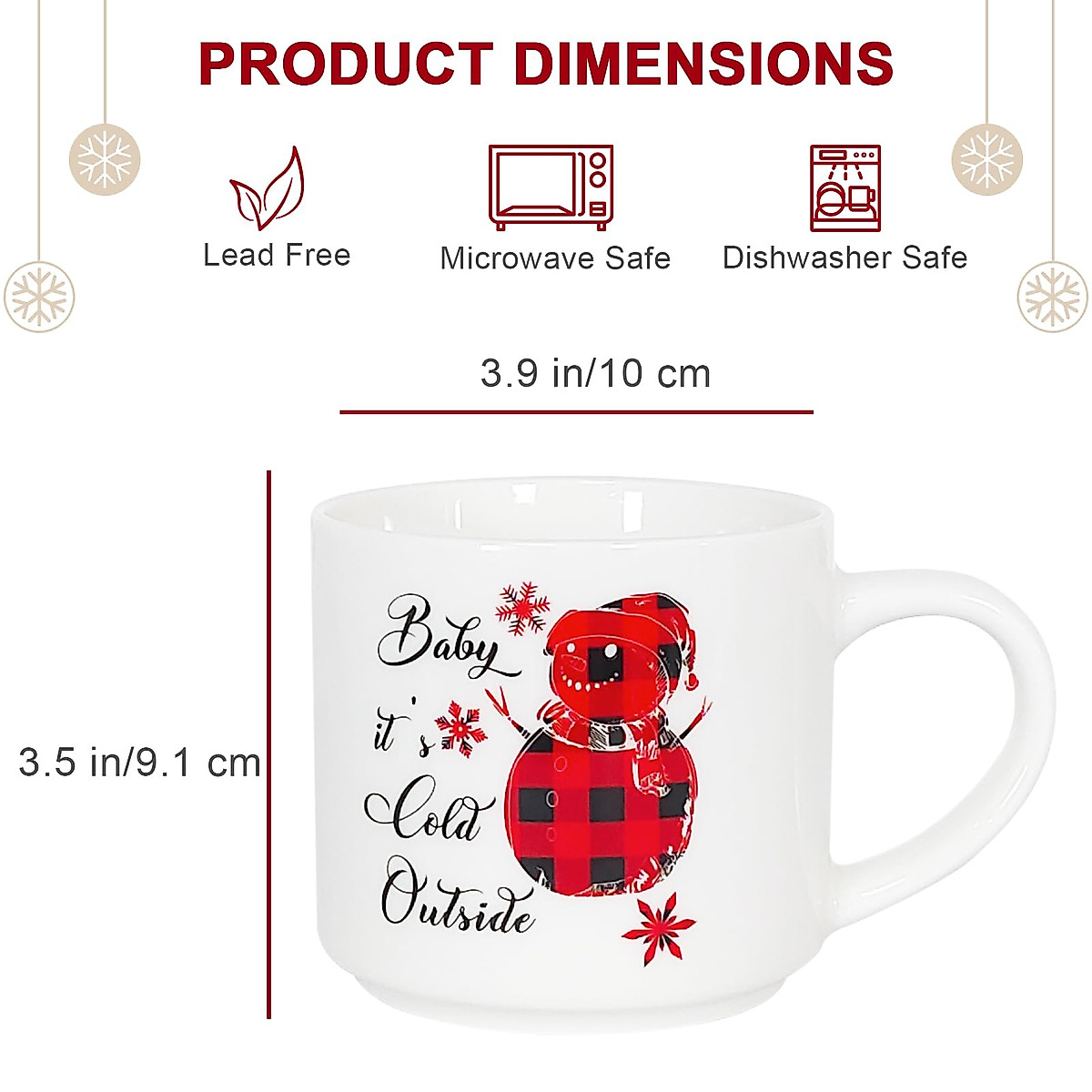 QIKSION Ceramic Christmas Mug Set of 6, 16oz Red Black Plaid Christmas Coffee Mug, Stackable Holiday Coffee Mugs as Christmas Gifts for Family, Friends and Colleagues