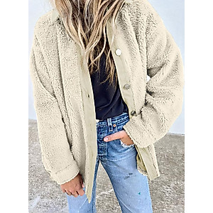 Dokotoo Women Winter Coat Turn-Down Collar Sherpa Jacket Women 2023 Fleece Shirt Jacket Button Down Women Coat Casual Long Sleeve Coats with Pockets Beige Medium