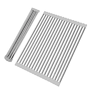 C CRYSTAL LEMON Food-Grade Silicone Drying Rack for Kitchen Sink Roll Up Dish Drying Rack Over The Sink Drying Rack 14.17 x 14.56 inch Silver Foldable Stainless Steel Wire Dishes Drying Rack
